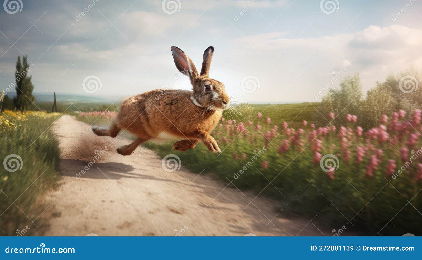 Happy Easter Bunny Racing Under Blue Sky in Lush Spring Landscape Stock ...