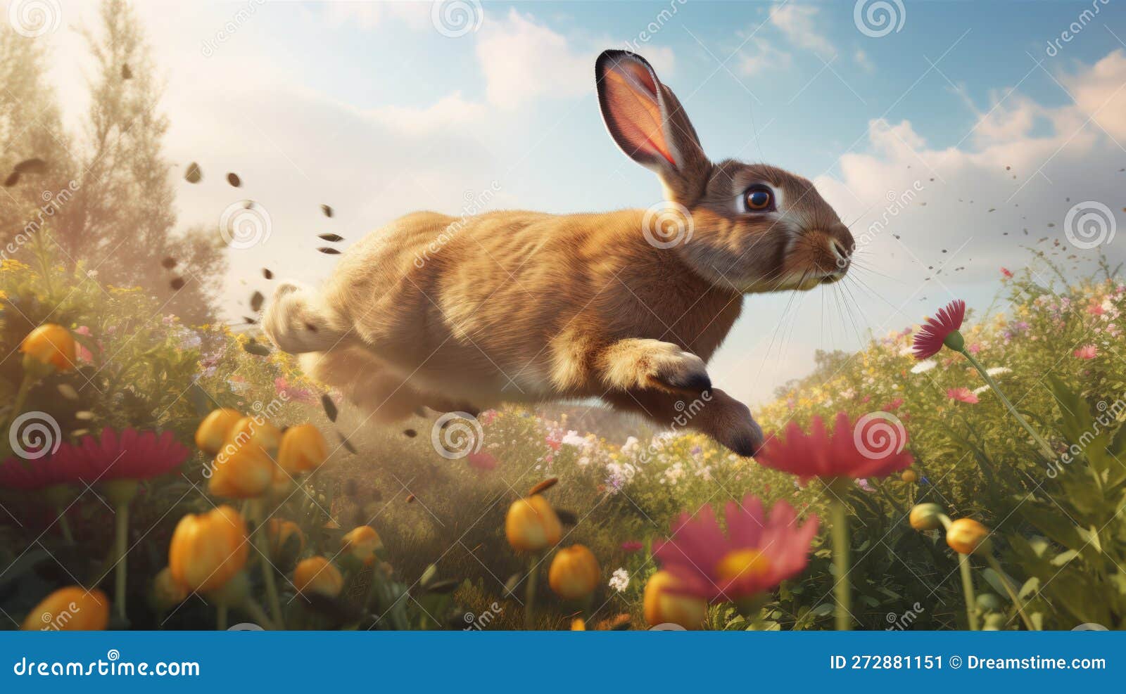 Happy Easter Bunny Racing Under Blue Sky in Lush Spring Landscape Stock ...
