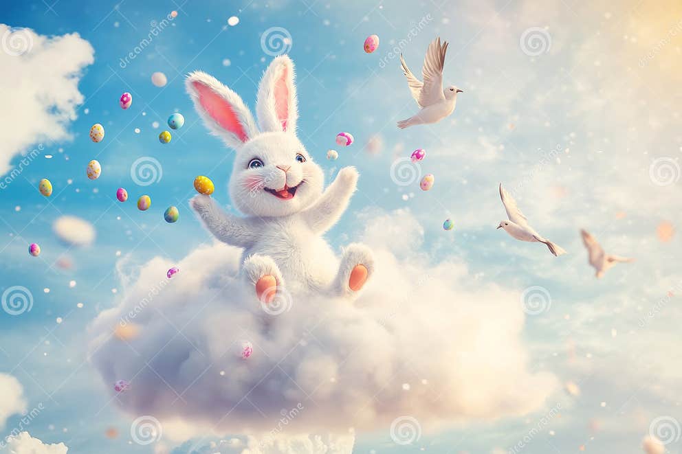 A Happy Easter Bunny Riding on a Floating Cloud, Tossing Tiny Easter ...