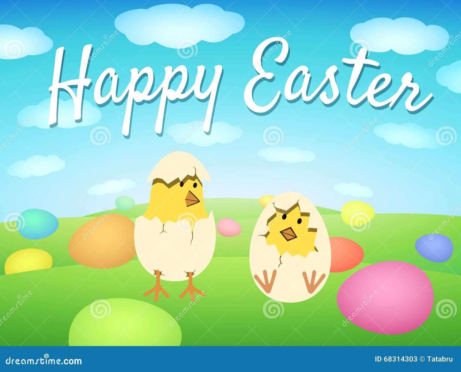 Happy Easter Card with Chicken and Colored Eggs Stock Illustration ...
