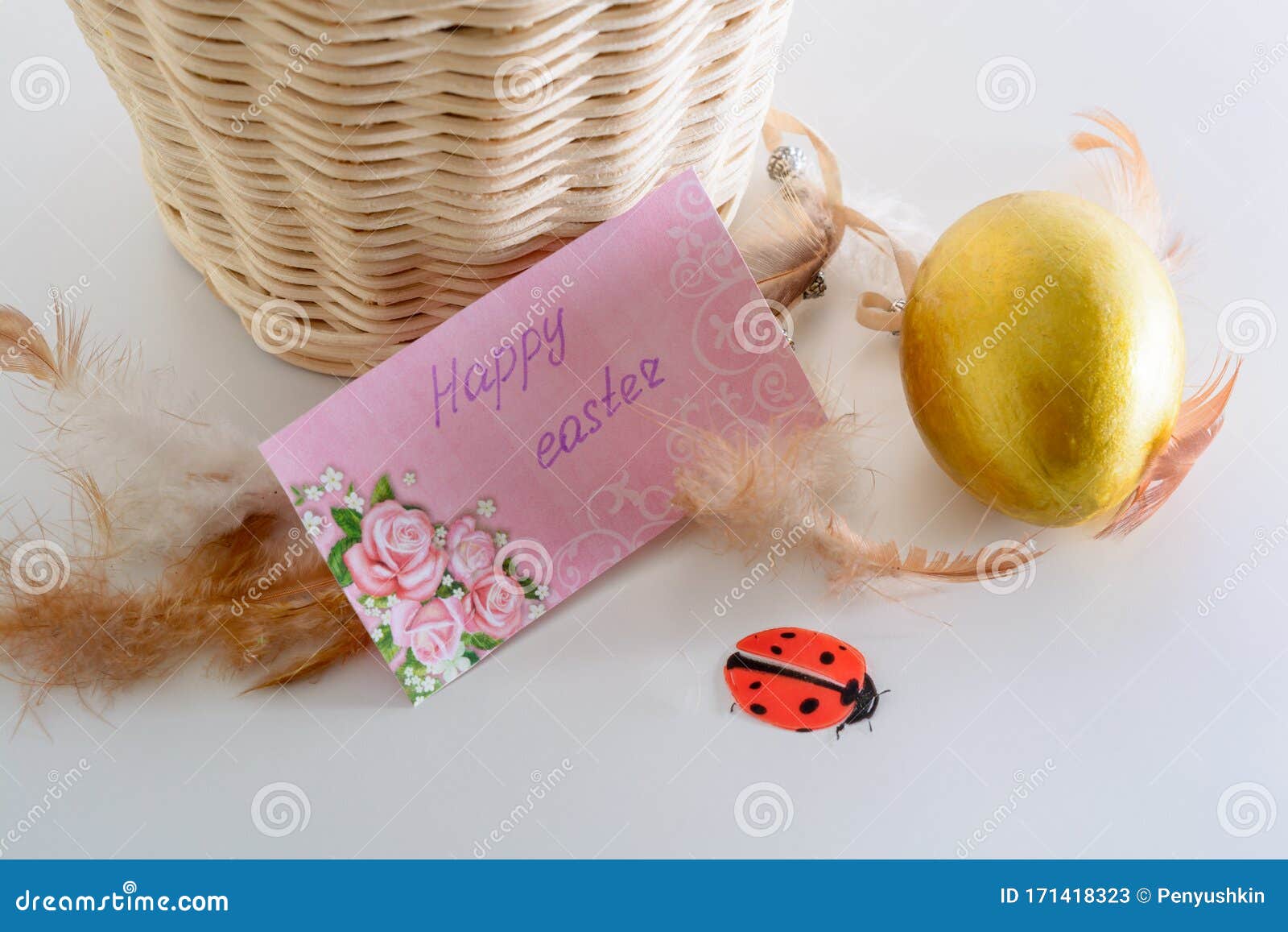 Happy Easter Card, Egg, Ladybug and Feathers Stock Image - Image of ...