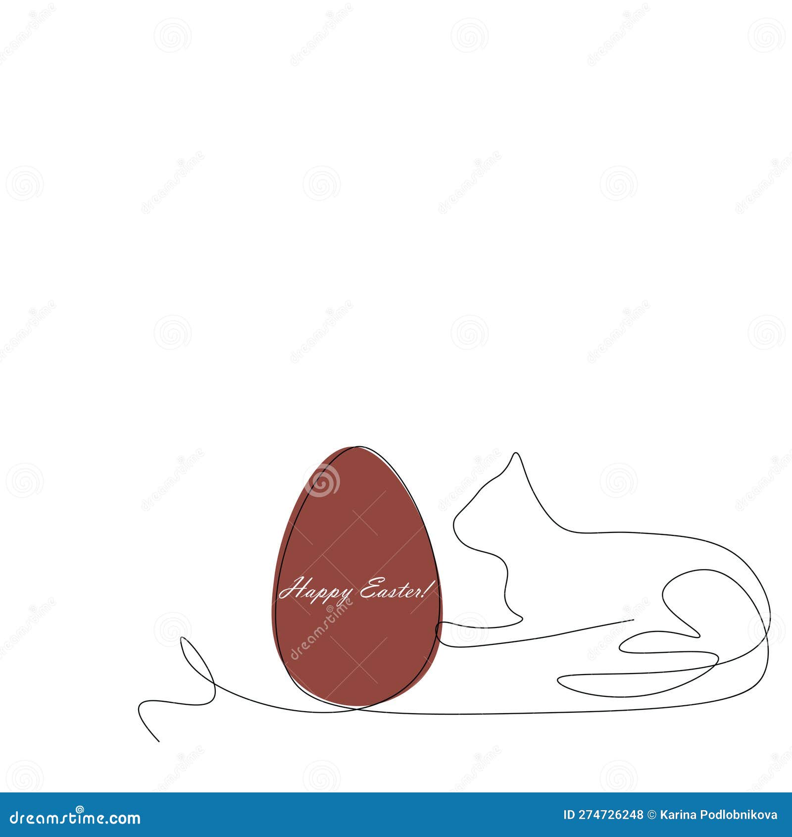 Happy Easter Card with Red Egg and Cat, Line Drawing Vector ...