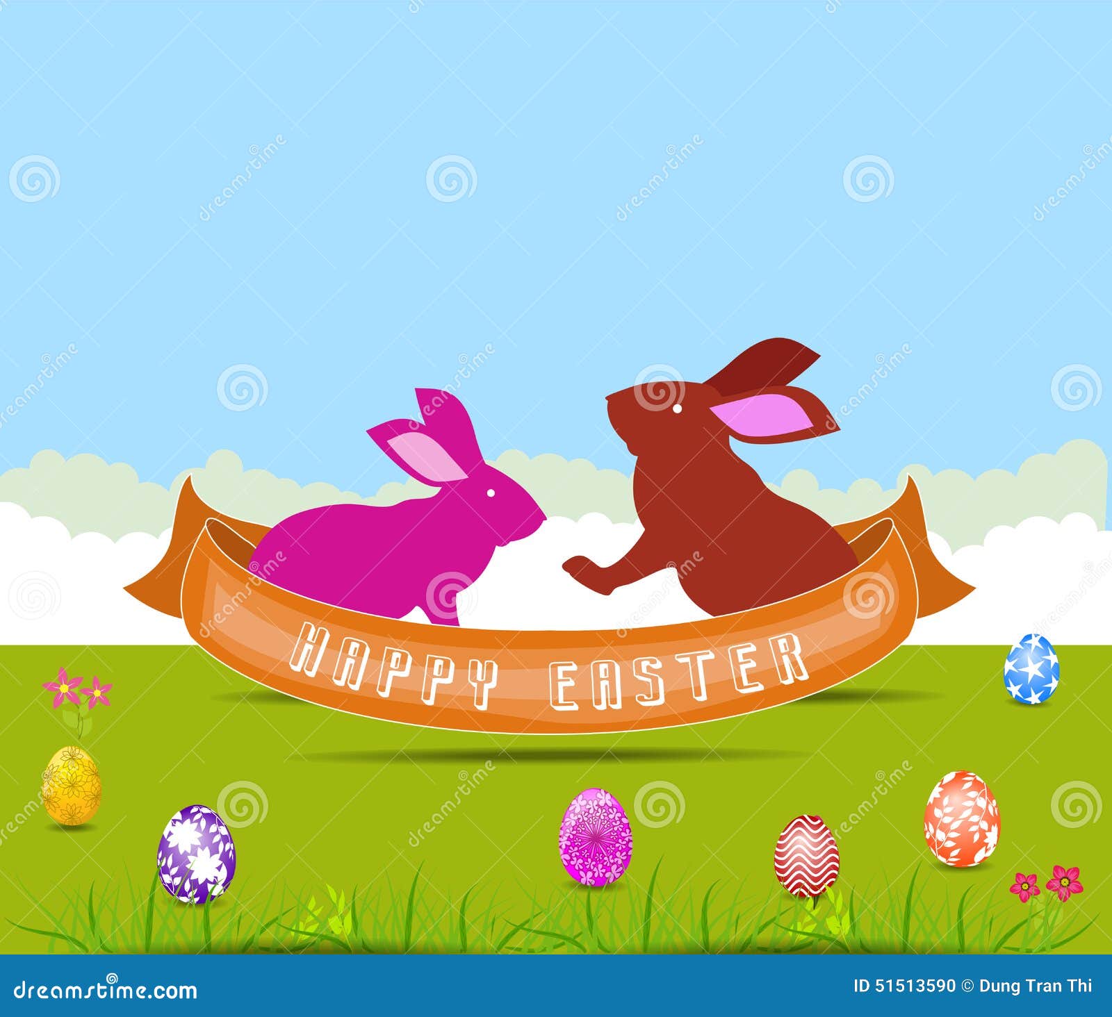 Happy Easter Card with Two Rabbit Vector Illustration Stock Vector ...