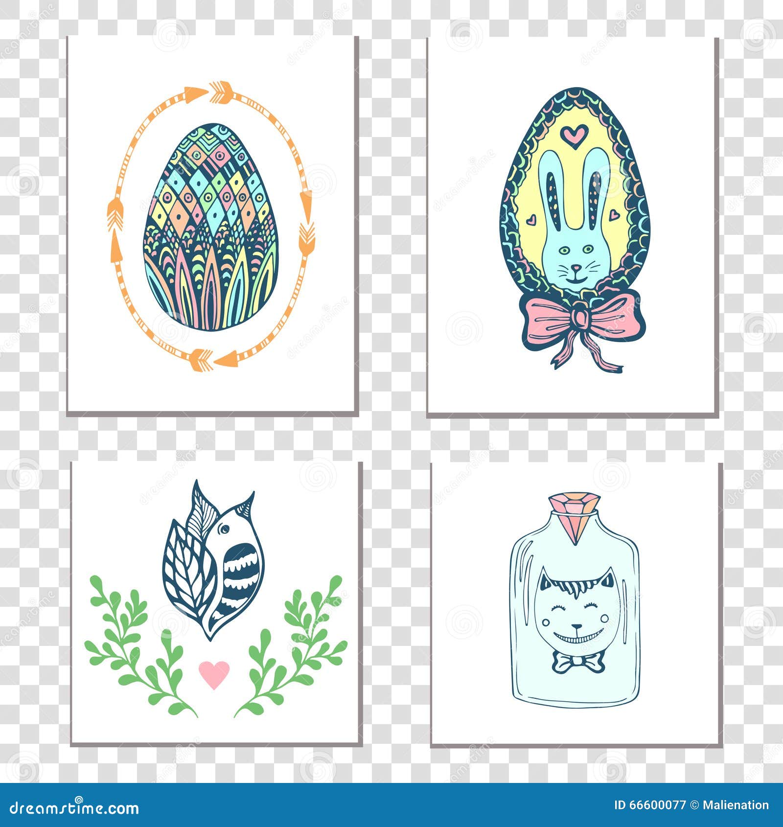 Happy Easter Cards with Hand Drawn Eggs and Cute Elements. Vector ...