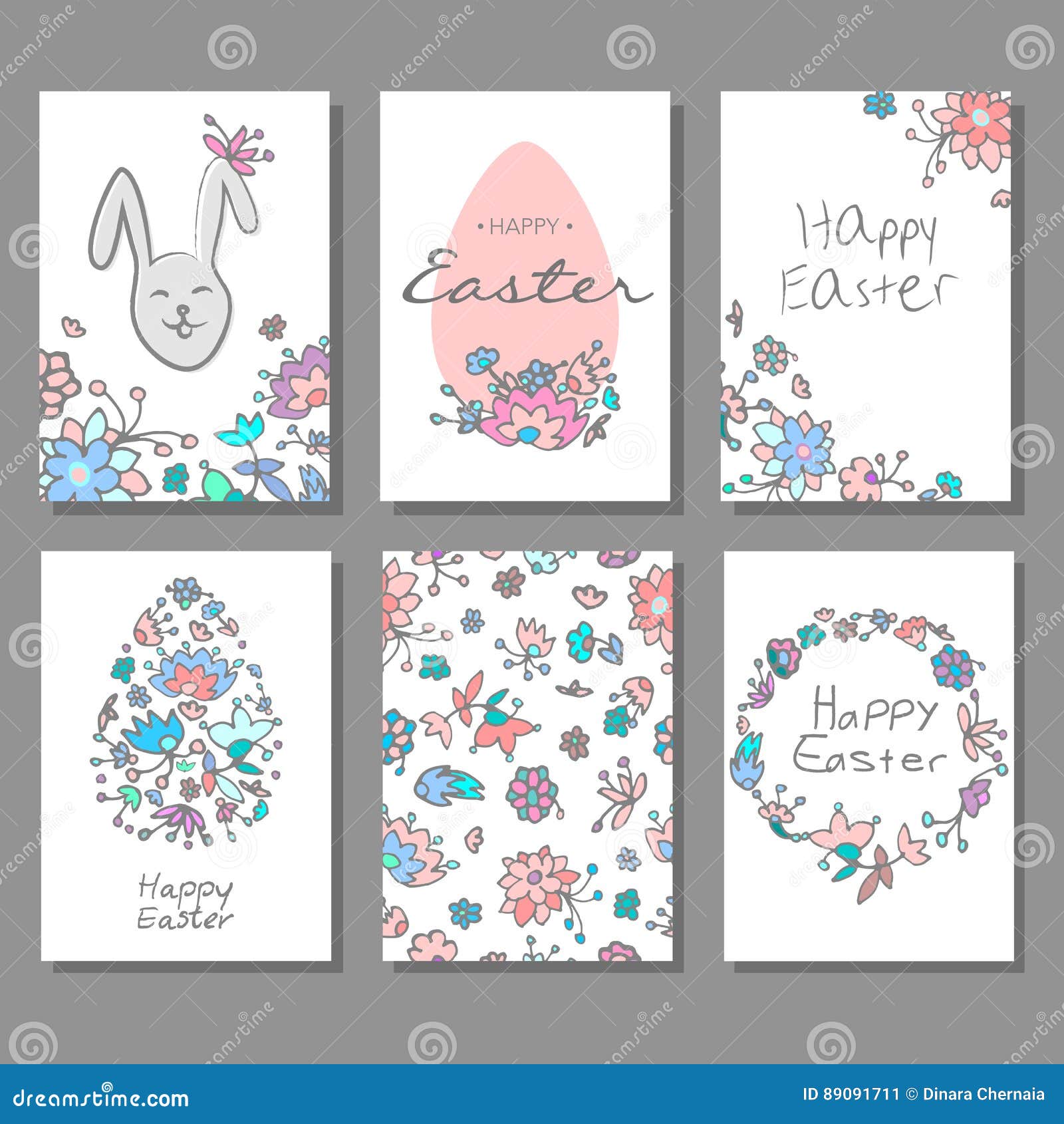 Easter Cards Set With Hand Drawn Hangings Ornamental Eggs, With Swirls ...
