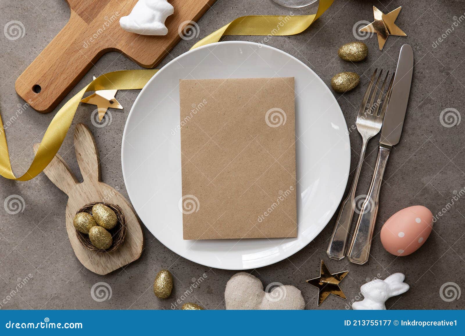 Happy Easter Celebration Background. Decorated Table with Blank Menu ...