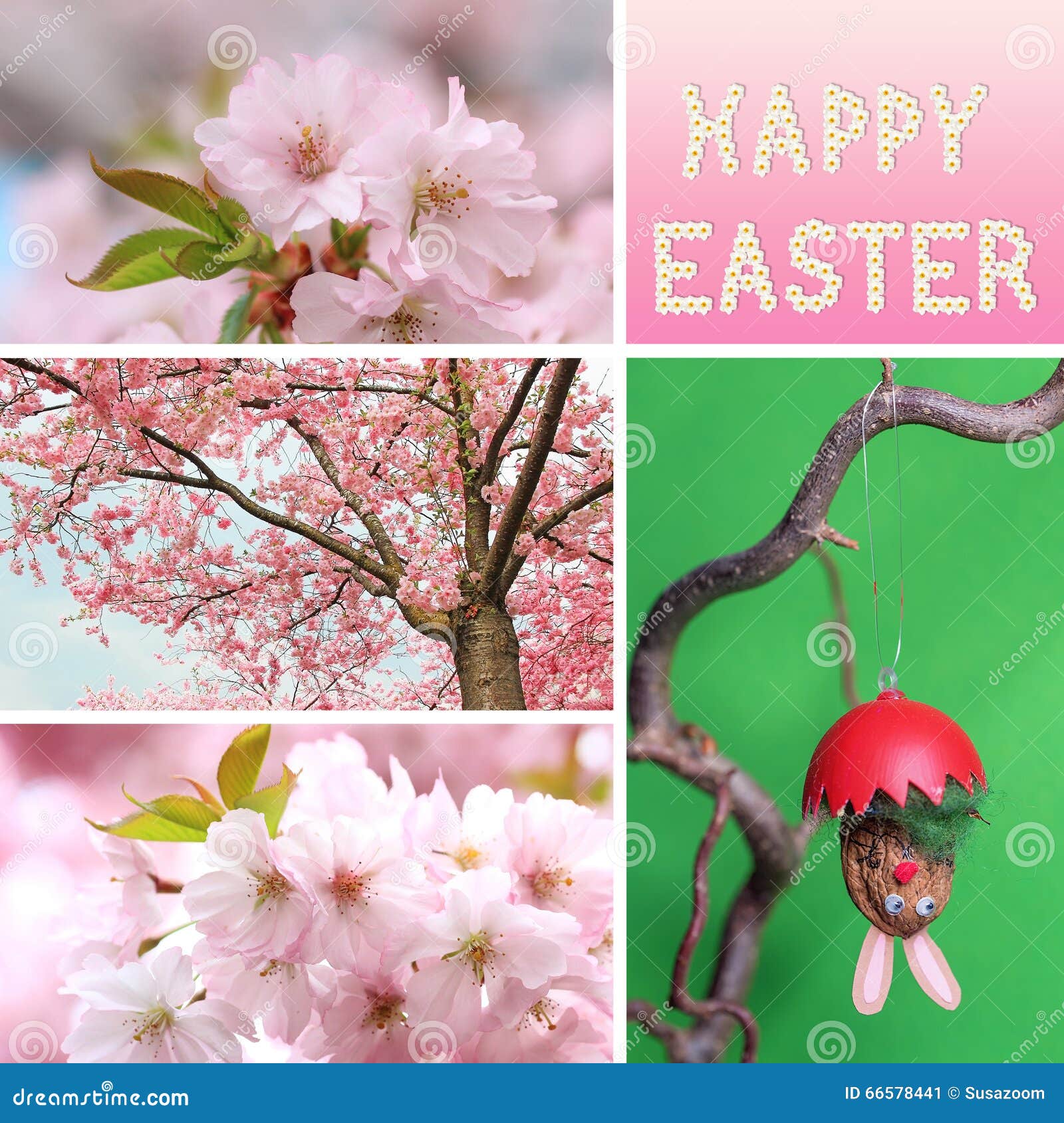 Happy Easter Collage with Cherry Blossoms and Hanging Easter Bun Stock ...