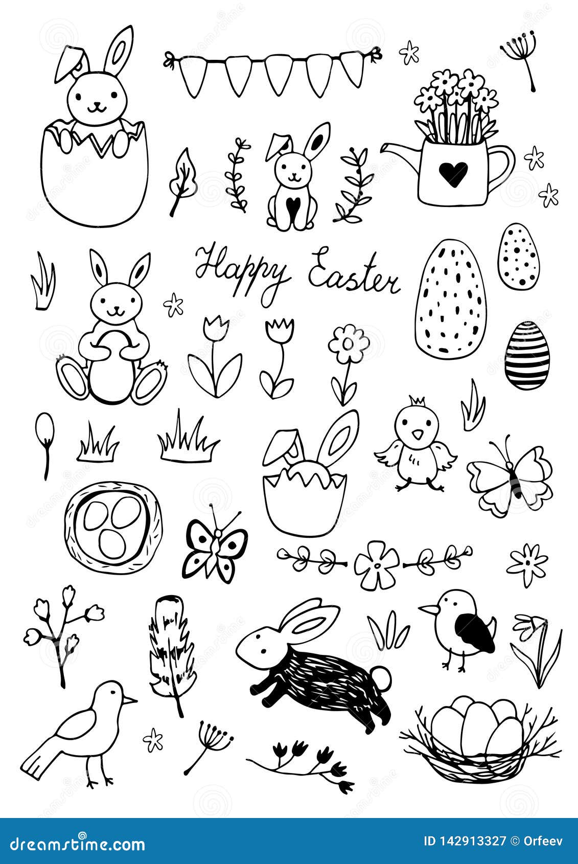 Happy Easter Collection Object, Design Element. Hand Drawing, Outline ...