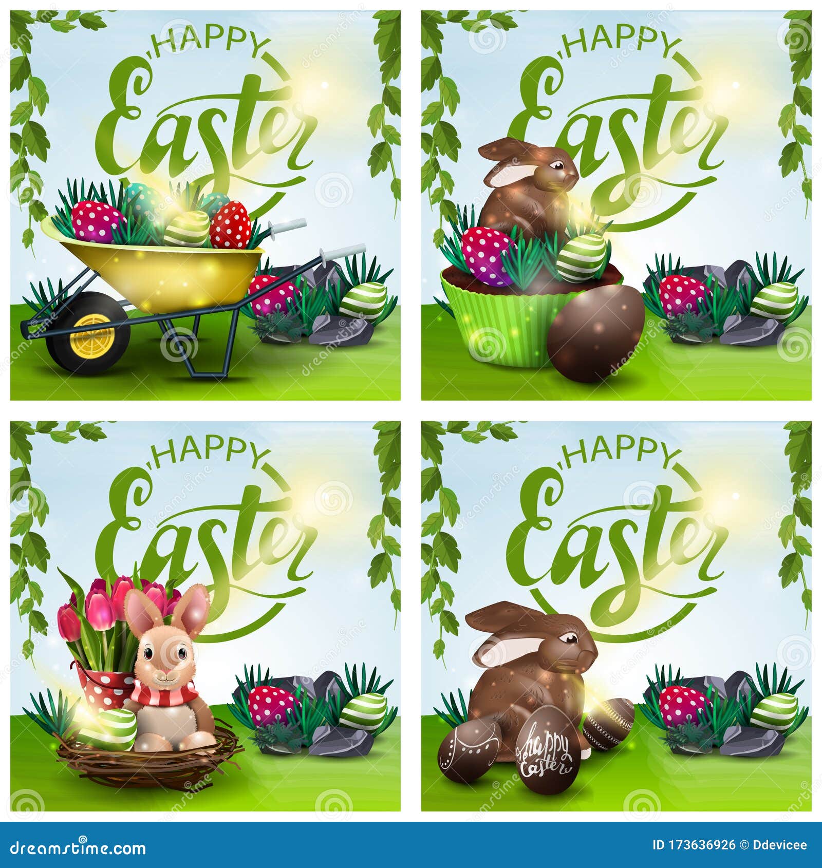 Happy Easter, Collection Square Postcards Stock Illustration ...
