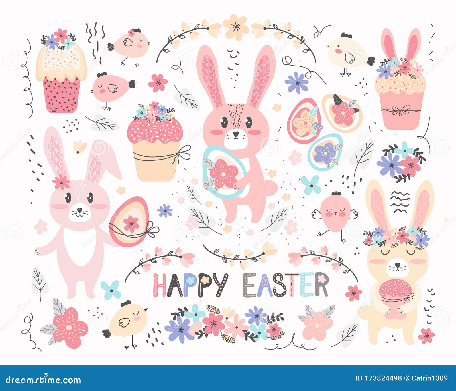 Happy Easter Collection in Vector. Set of Cute Cartoon Characters and ...