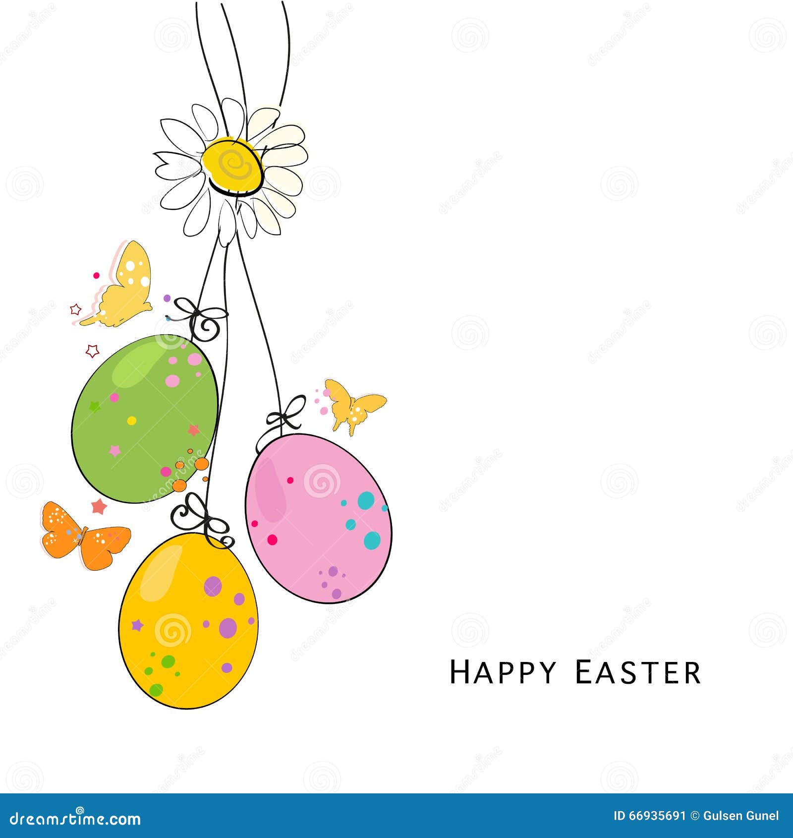 Happy Easter Colorful Eggs, Daisy and Butterfly Greeting Card Vector ...