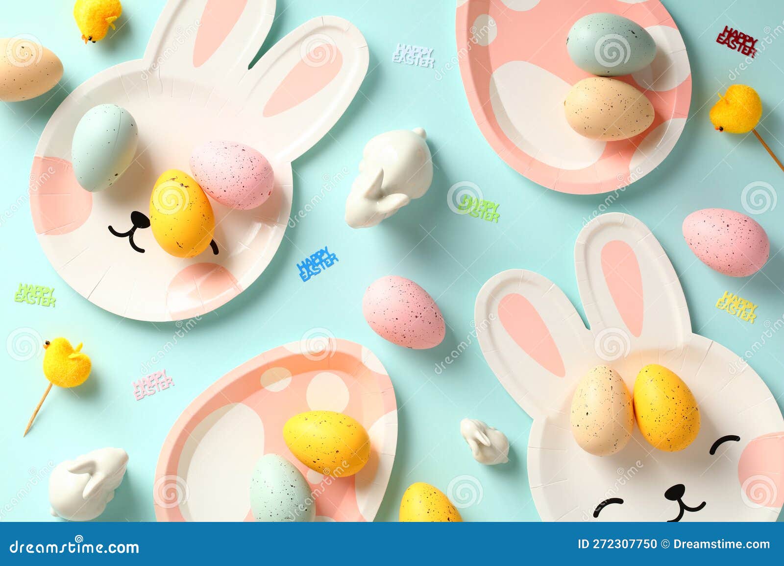 Happy Easter Concept. Easter Table with Plates, Colorful Eggs and ...