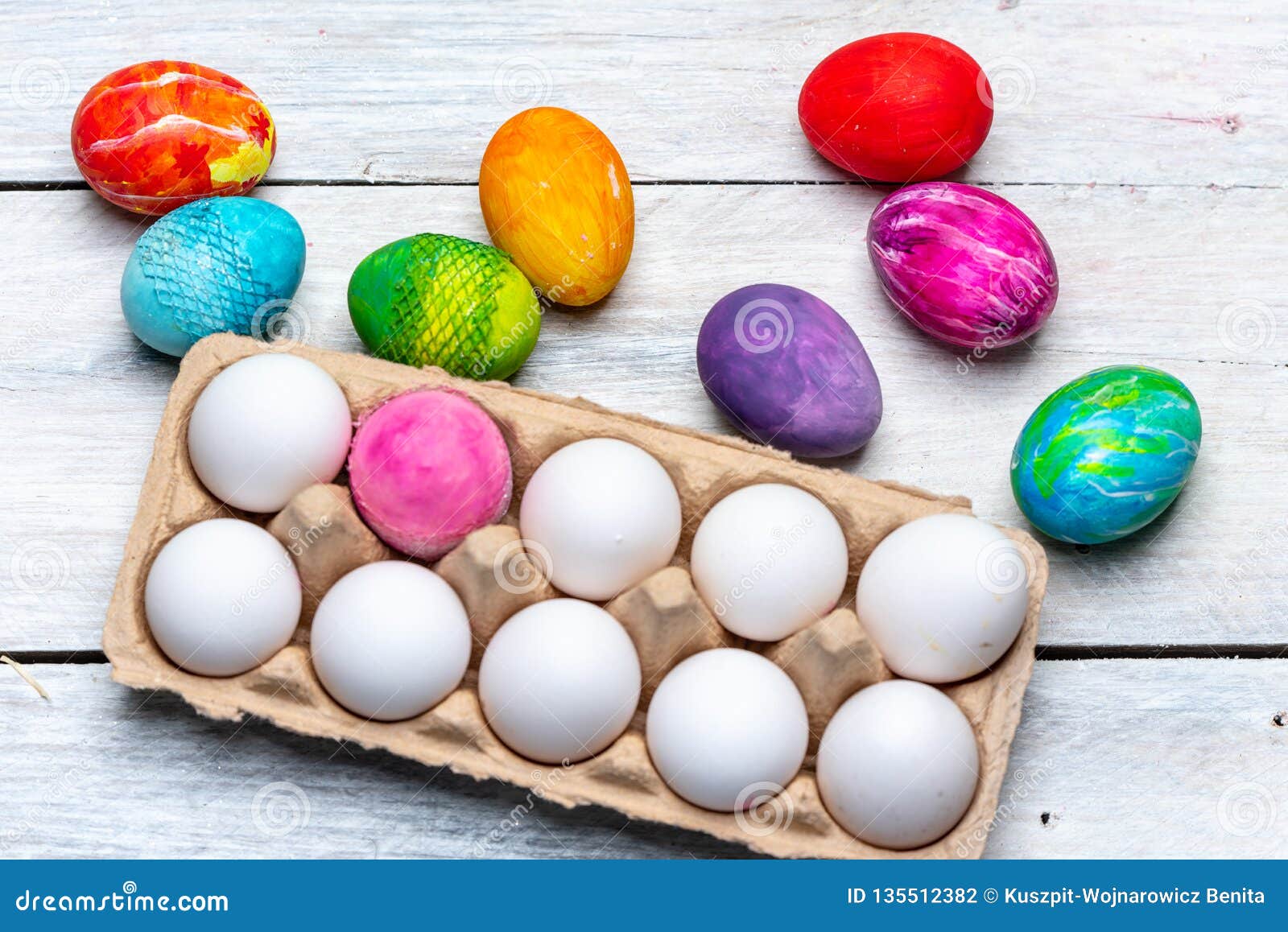 Happy Easter - Container with White and Colored Eggs Stock Photo ...