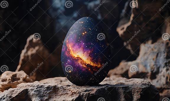 Happy Easter Cosmic Egg with a Nebula Design, Placed on a Rugged Rock ...