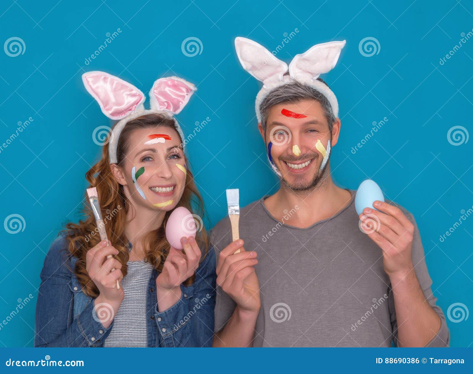 Easter Couple. Funny Couple Wearing Bunny Ears And Having Fun With ...