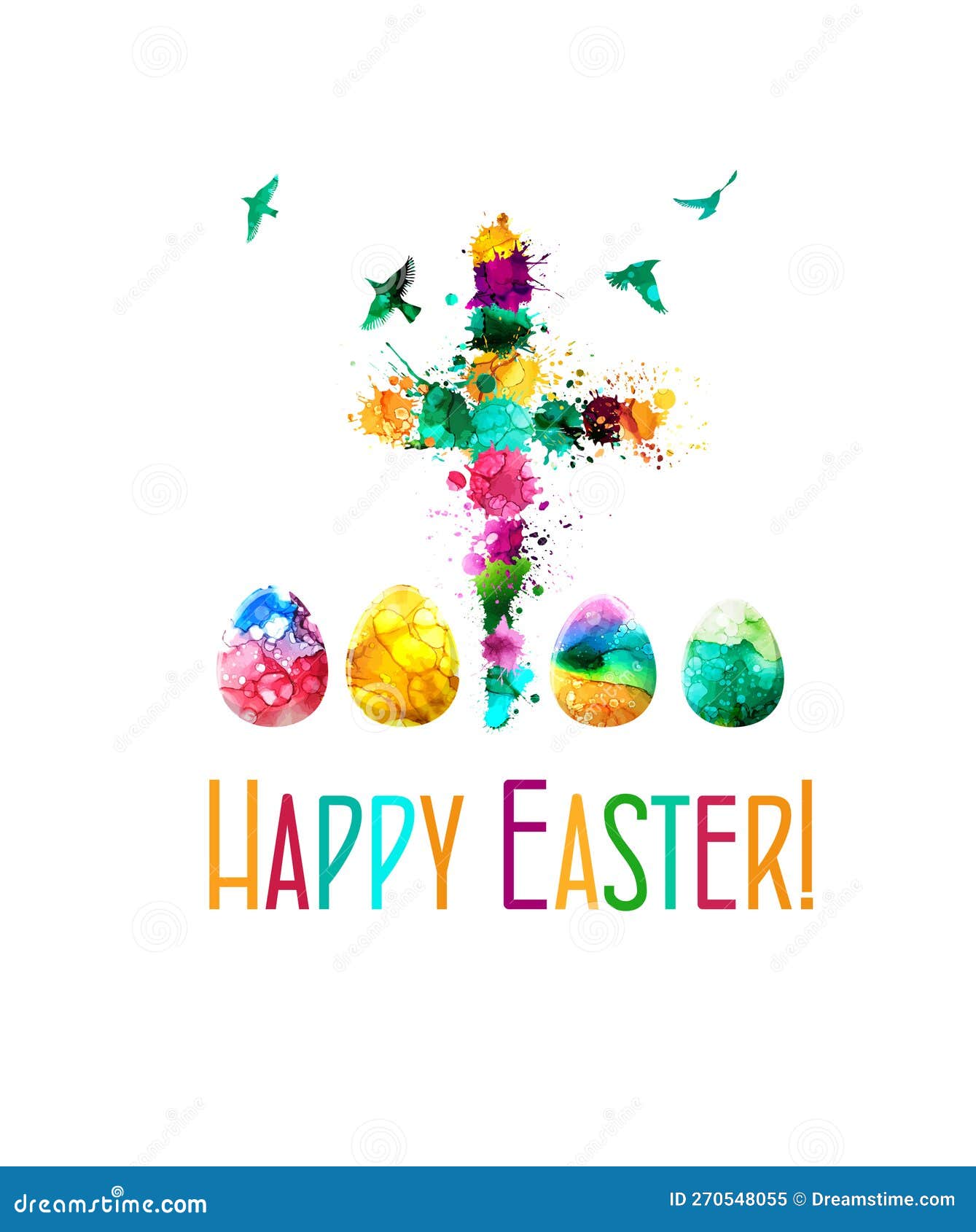 Happy Easter Cross Colored. Flying Birds. Easter Eggs. Vector ...