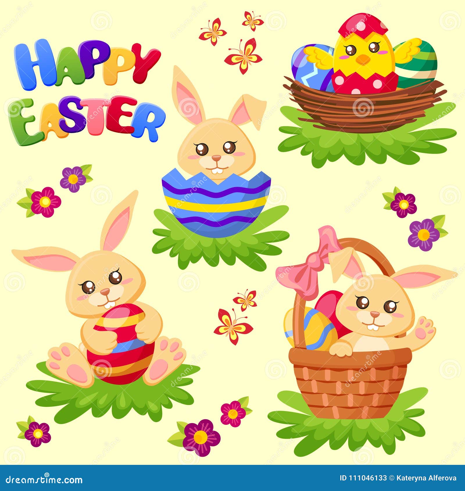 Happy Easter. Cute Bunny, Chicken and Eggs Stock Vector - Illustration ...