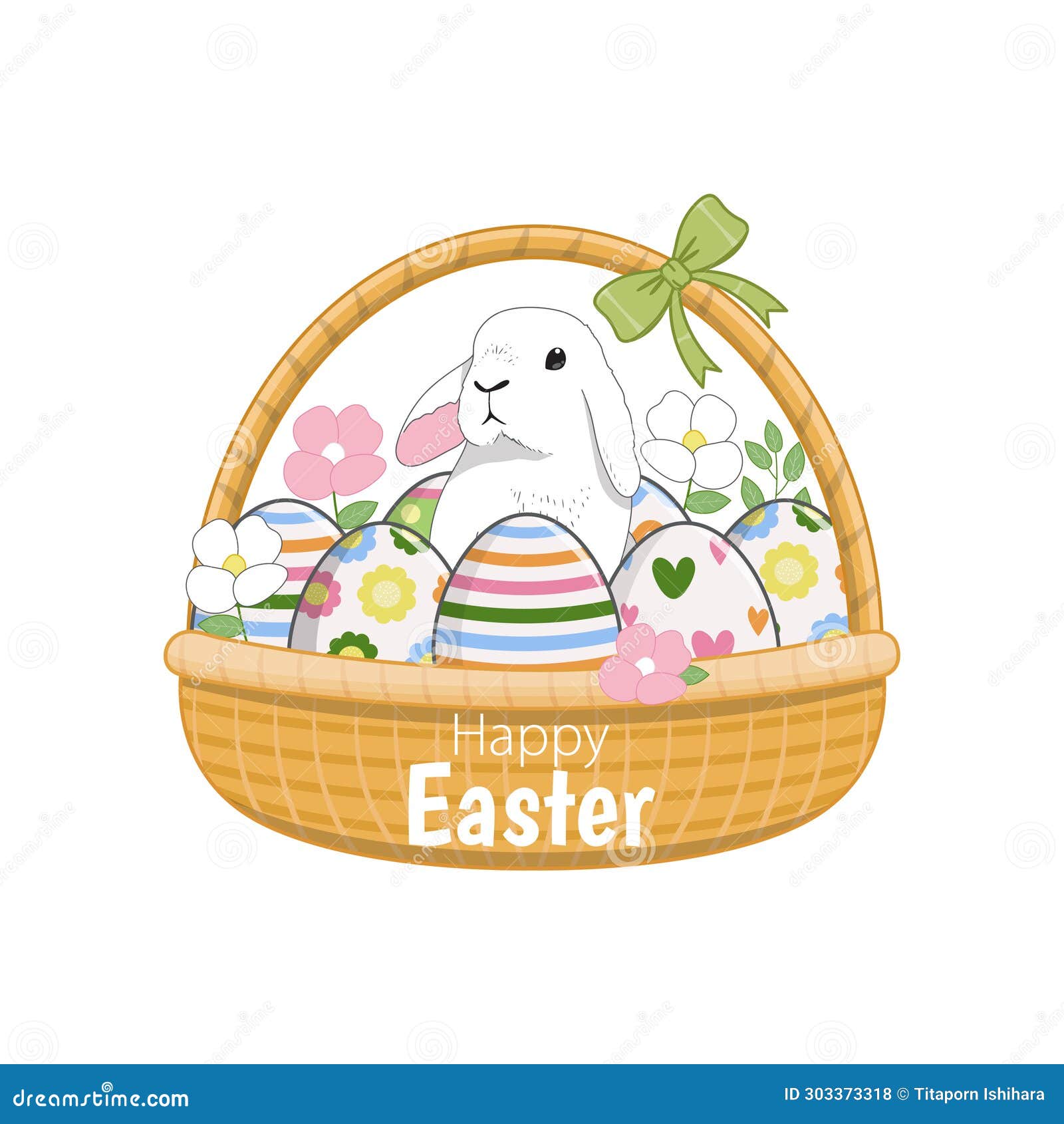 Happy Easter Day With Cute Bunny And Eggs In A Basket Vector