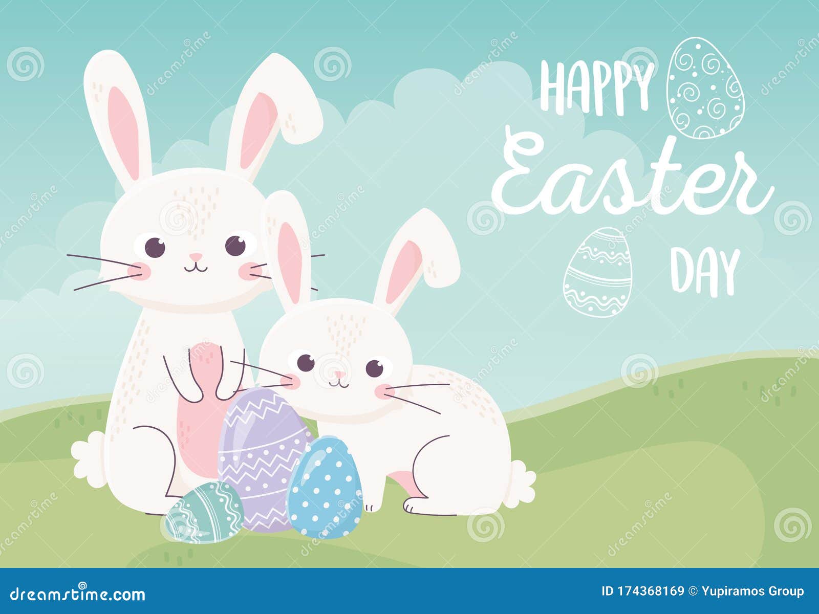 Happy Easter Day, Rabbits and Decorative Eggs Grass Nature Stock Vector ...