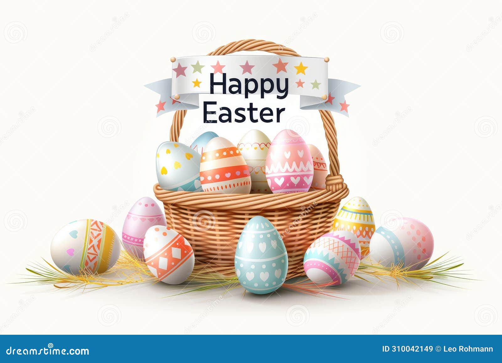 Happy Easter Decorated Egg Eggs Uplift Basket. White Natural Bunny ...