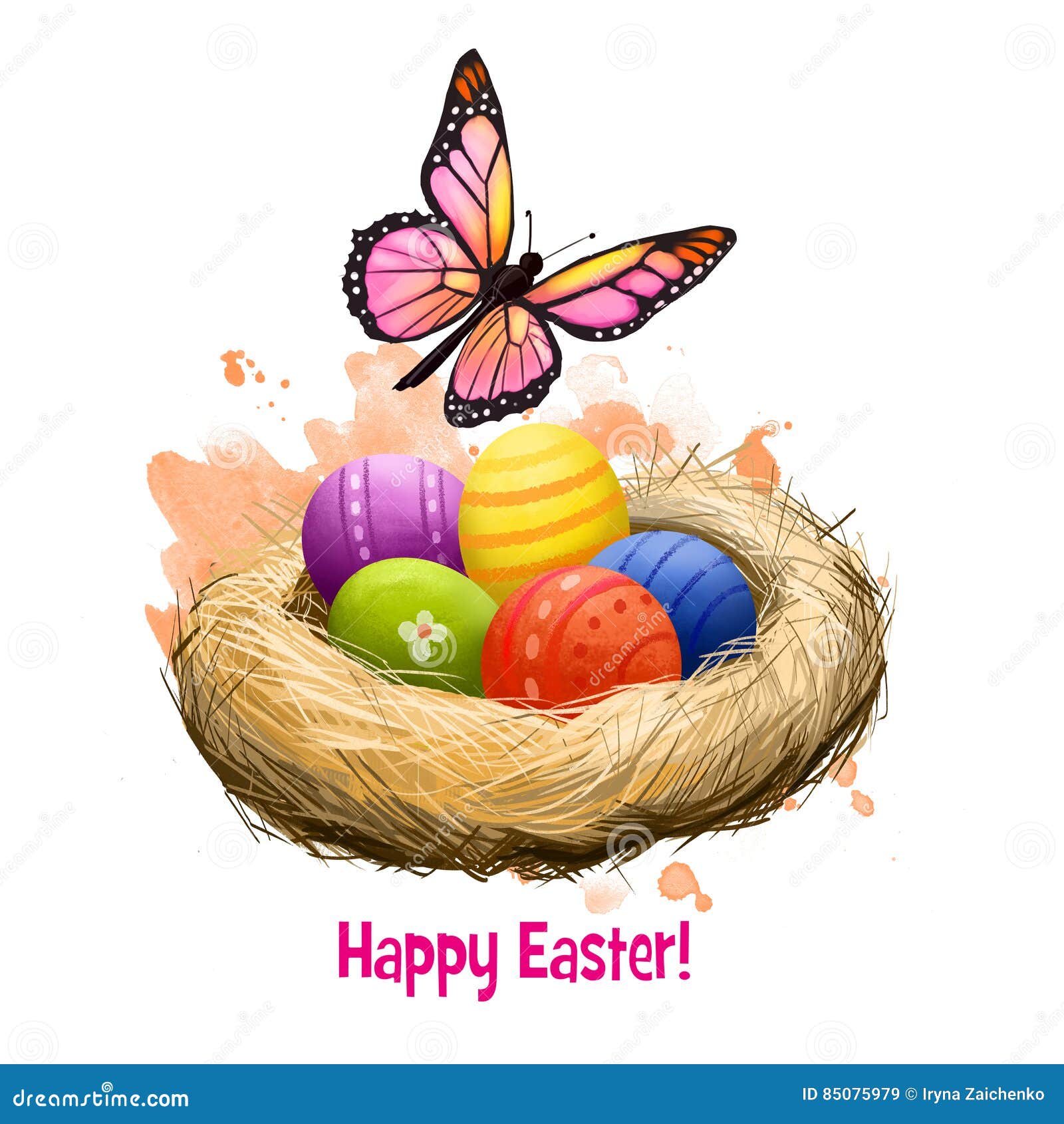 Happy Easter Digital Banner. Spring Butterfly and Decorated Easter Eggs ...