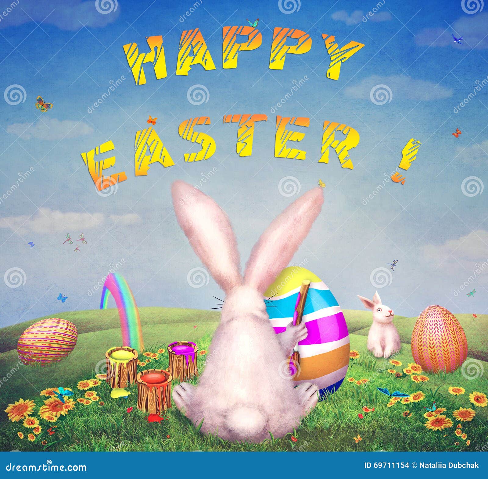 Happy Easter! Easter Bunnies and Eggs in Field Stock Illustration ...
