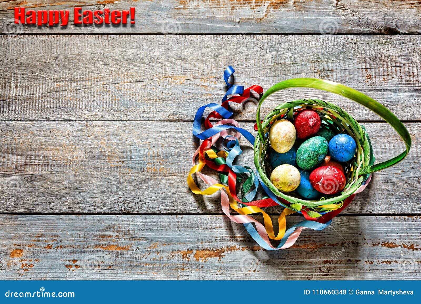 Happy Easter, Easter Eggs, Colored Eggs, Basket, Colored Ribbons Stock ...