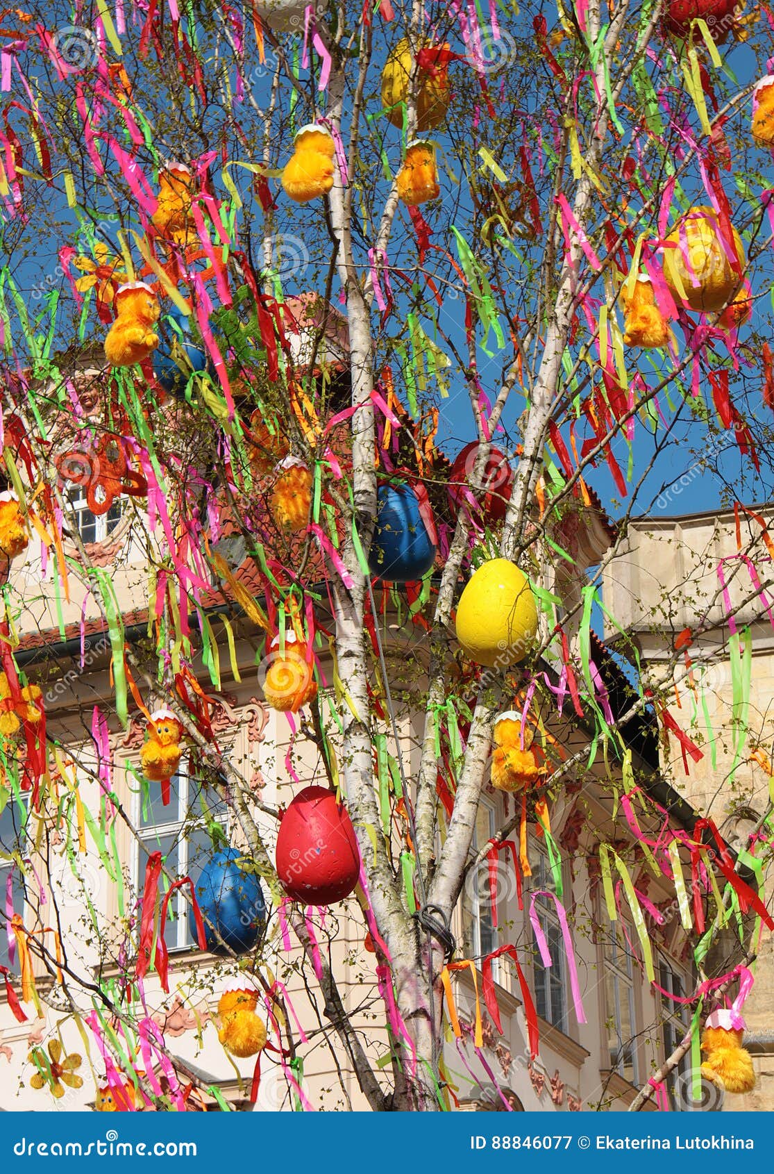 Happy Easter. Easter Eggs on a Tree. Yellow Chickens on a Tree. Stock ...