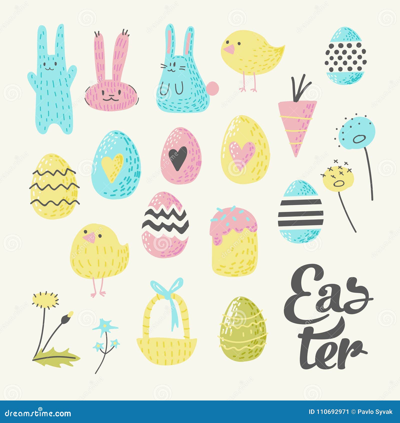 Happy Easter Elements Set with Eggs, Bunny, Chicks and Flowers. Spring ...