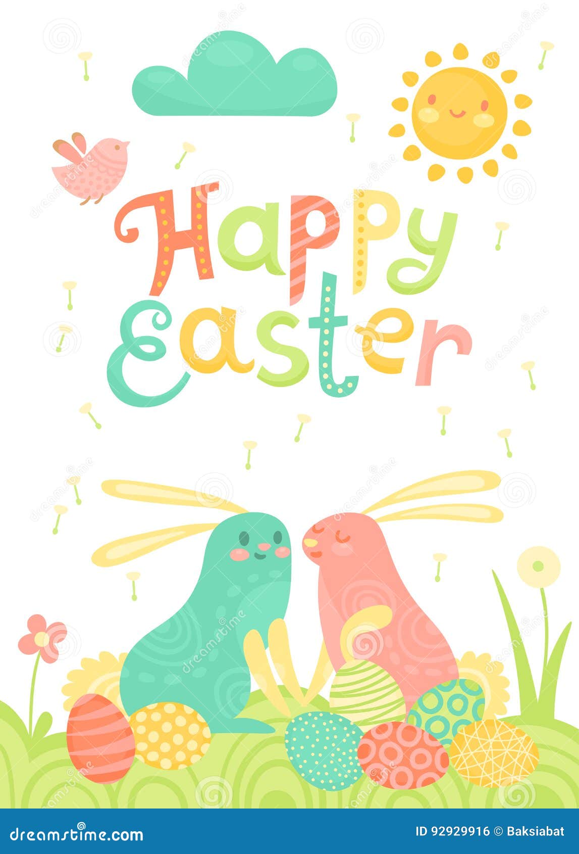 Happy Easter Festive Postcard with Rabbits Painted Eggs on a Meadow ...