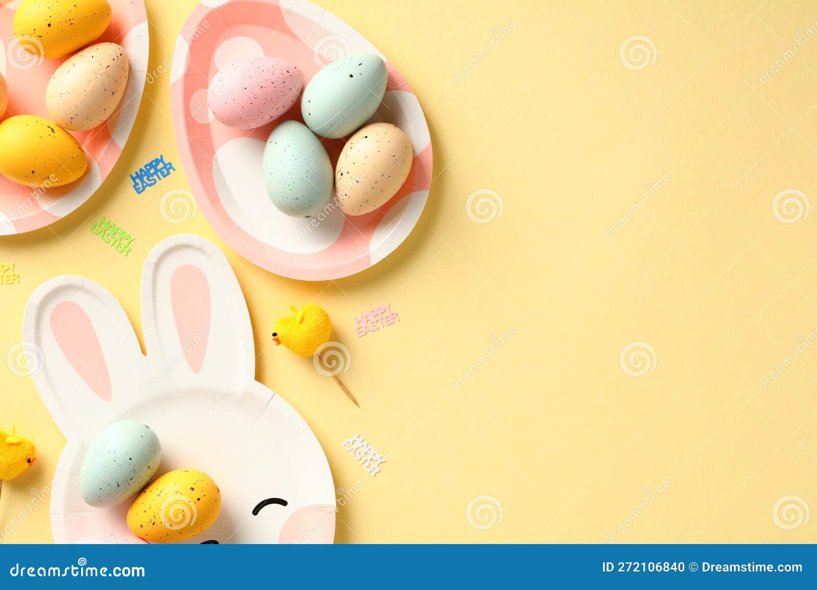 Happy Easter Flat Lay Composition with Colorful Easter Eggs on Cute ...