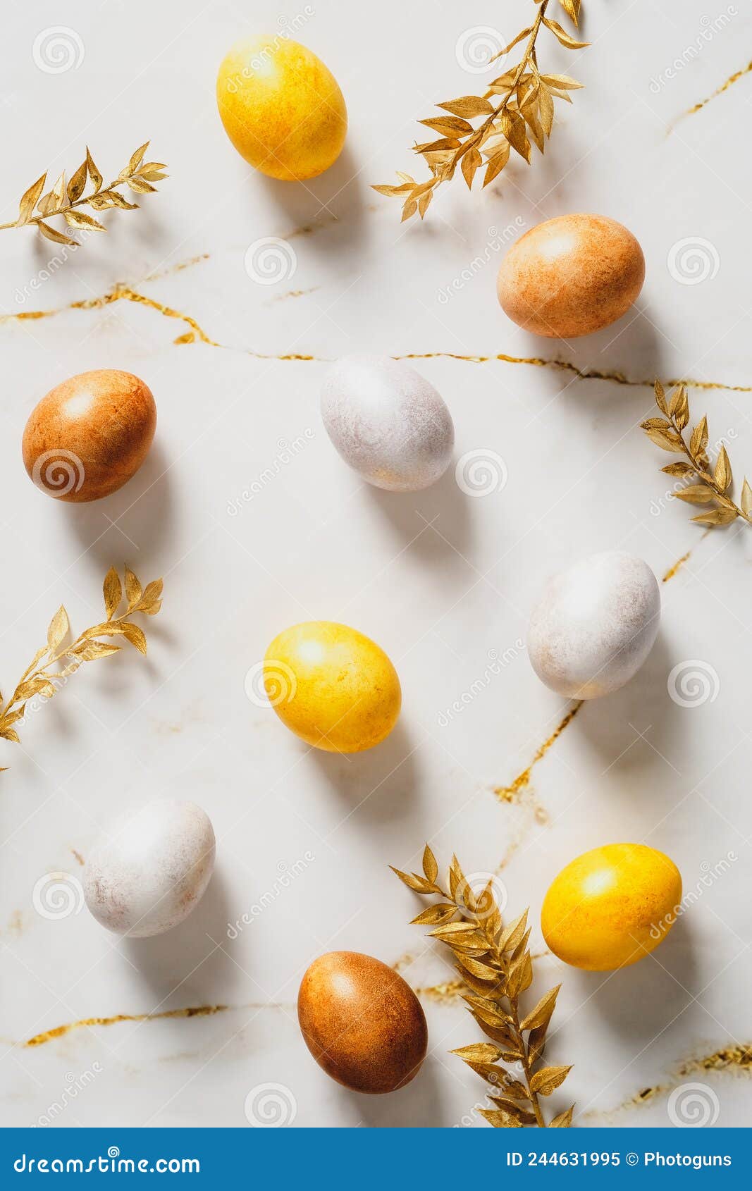Happy Easter Flat Lay Composition. Easter Eggs and Golden Leaves on ...