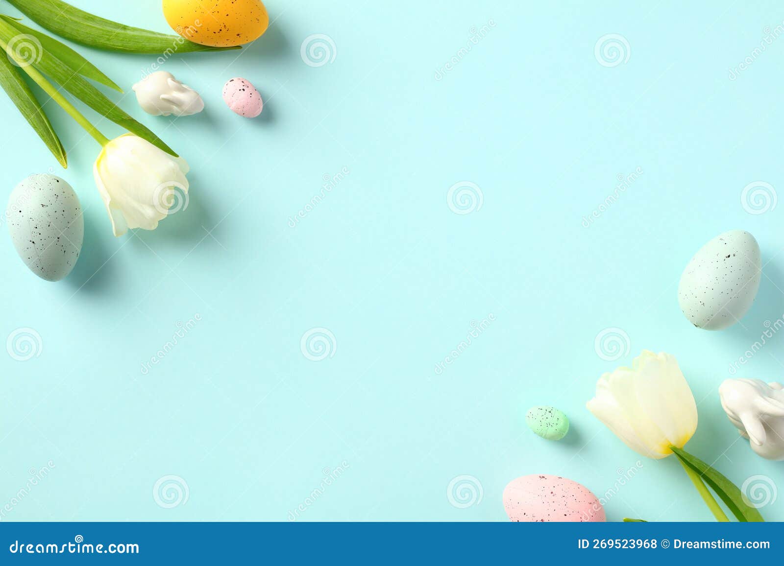 Happy Easter Flat Lay Composition. Frame of Easter Eggs with Tulips on Pastel Blue Background ...
