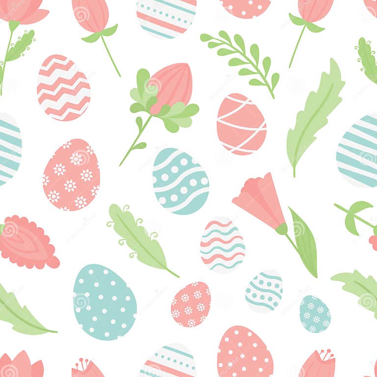 Happy Easter Floral Seamless Pattern with Stylized Flowers and Eggs on ...