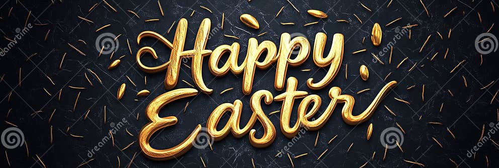 Happy Easter Gold Text on Dark Background with Decorative Elements ...