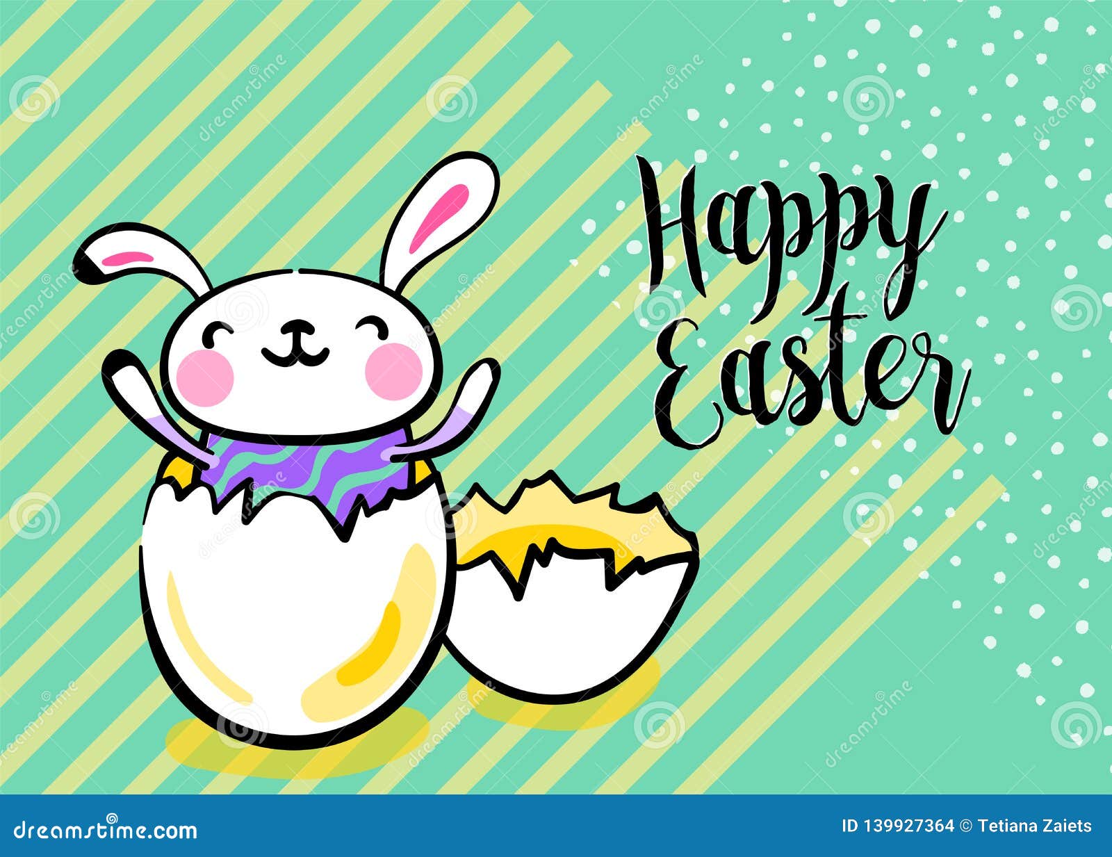Happy Easter Greeting Background with Cute Easter Bunny in the Broken ...