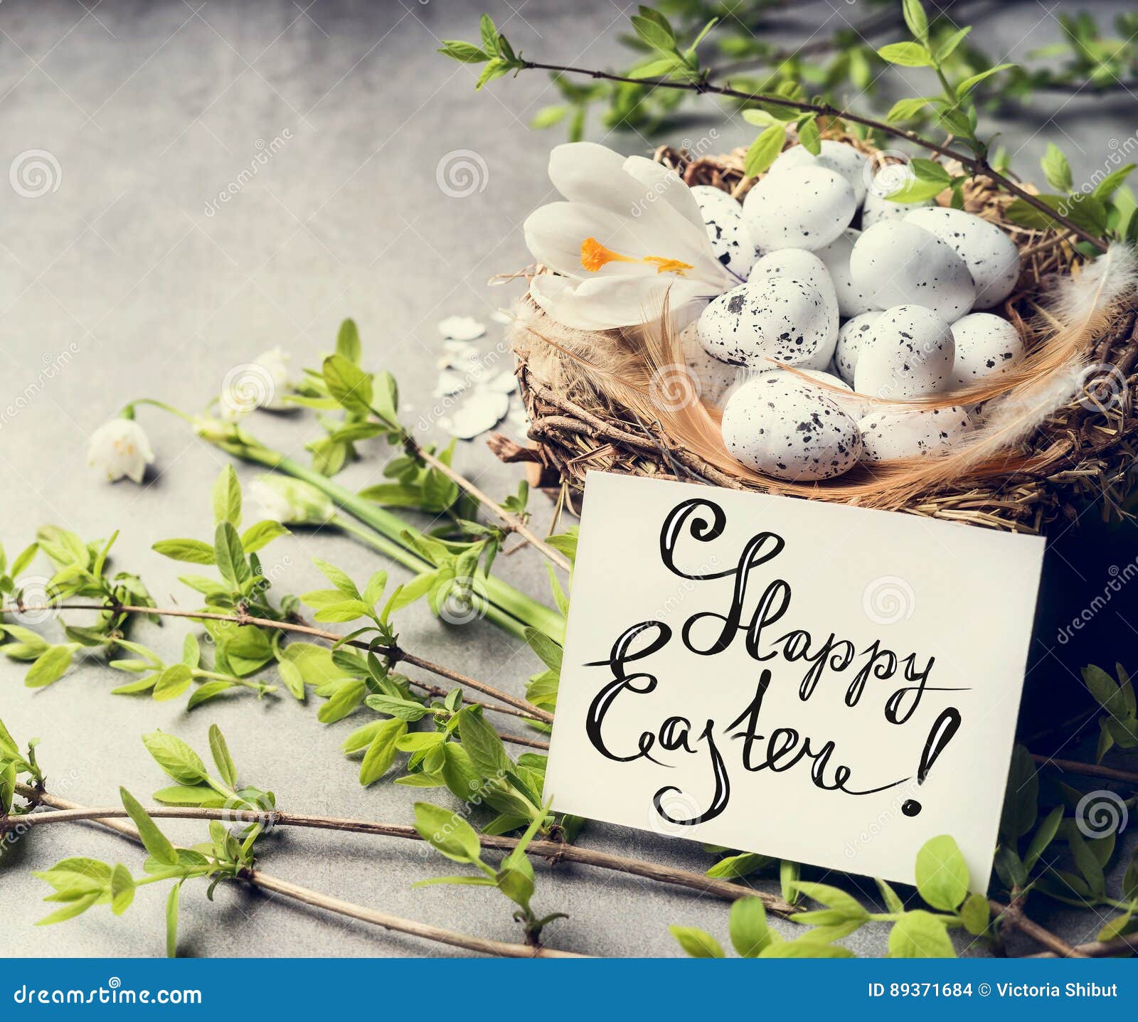 Happy Easter Greeting Card with Bird Nest and Eggs Stock Photo - Image ...
