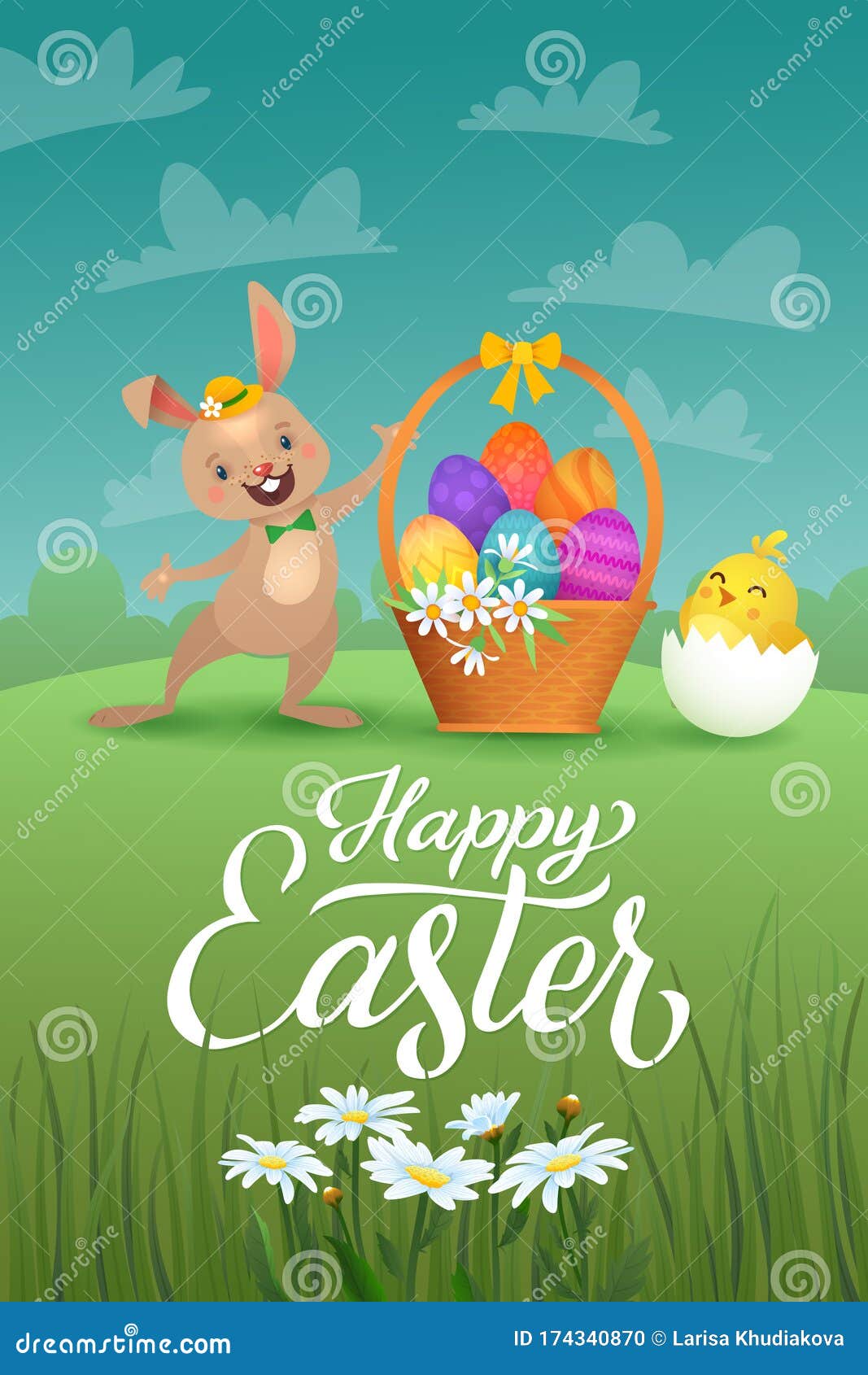 Happy Easter Greeting Card with Bunny and Chicks. White Cute Easter ...