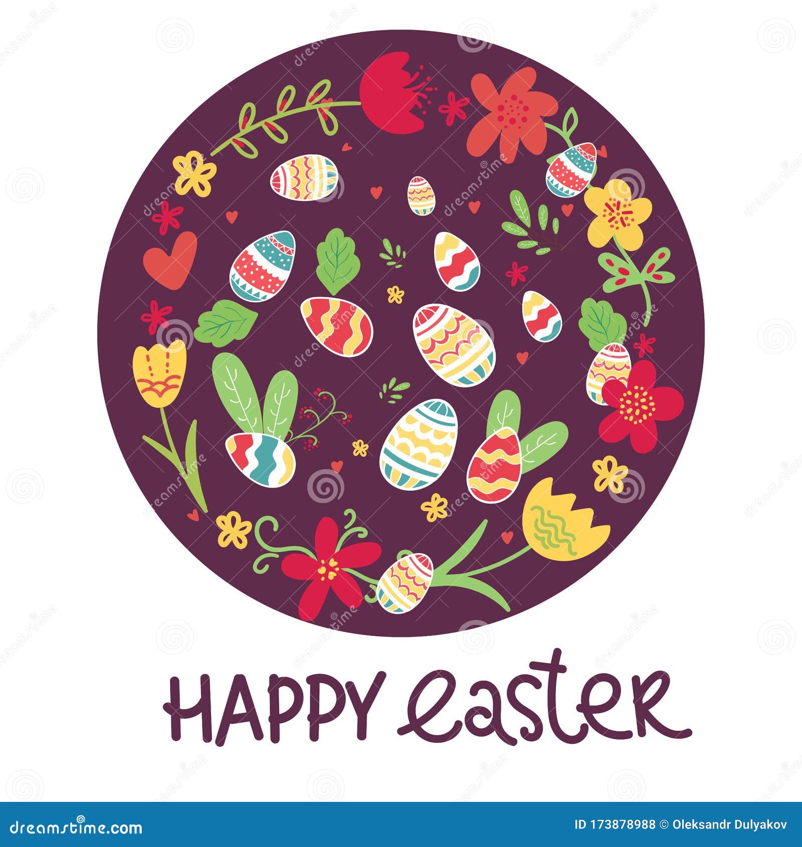 Happy Easter Greeting Card with Circle with Doodle Eggs Flower on ...