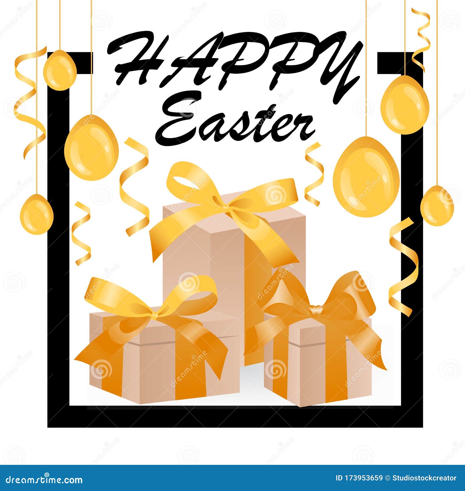 Happy Easter Greeting Card. Easter Eggs in a Black Frame with Gold ...