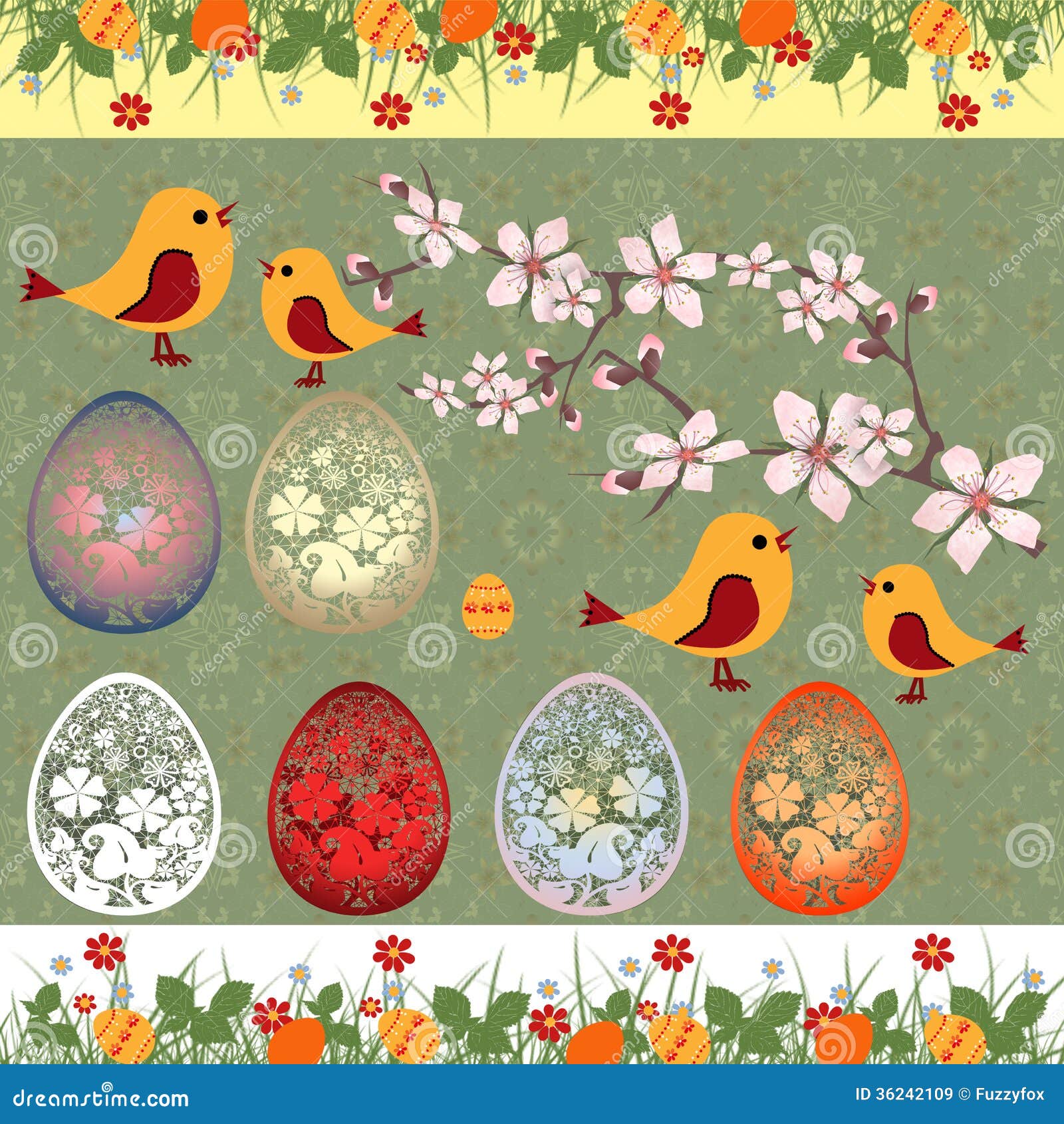 Happy Easter Greeting Card with Egges, Birds and Branch Stock Image ...