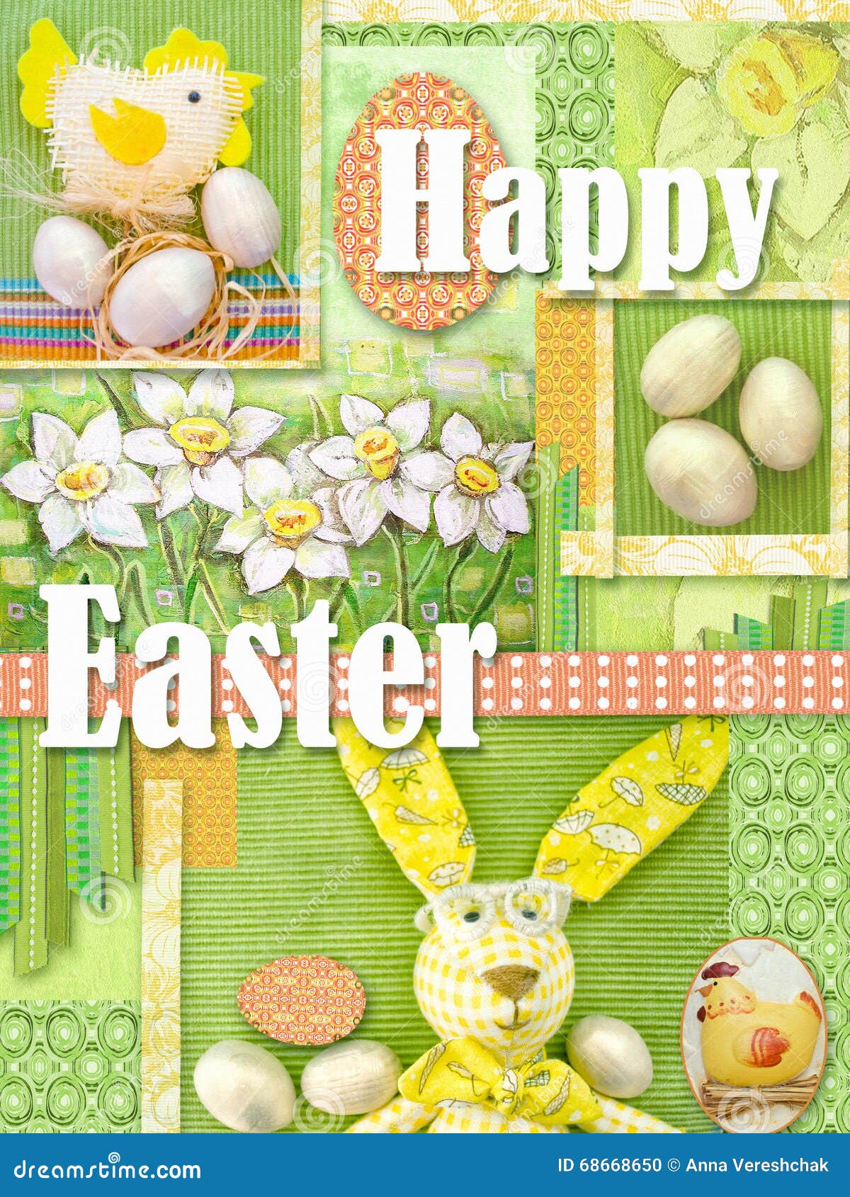 Happy Easter Greeting Card. Holiday Collage with Easter Decorations ...