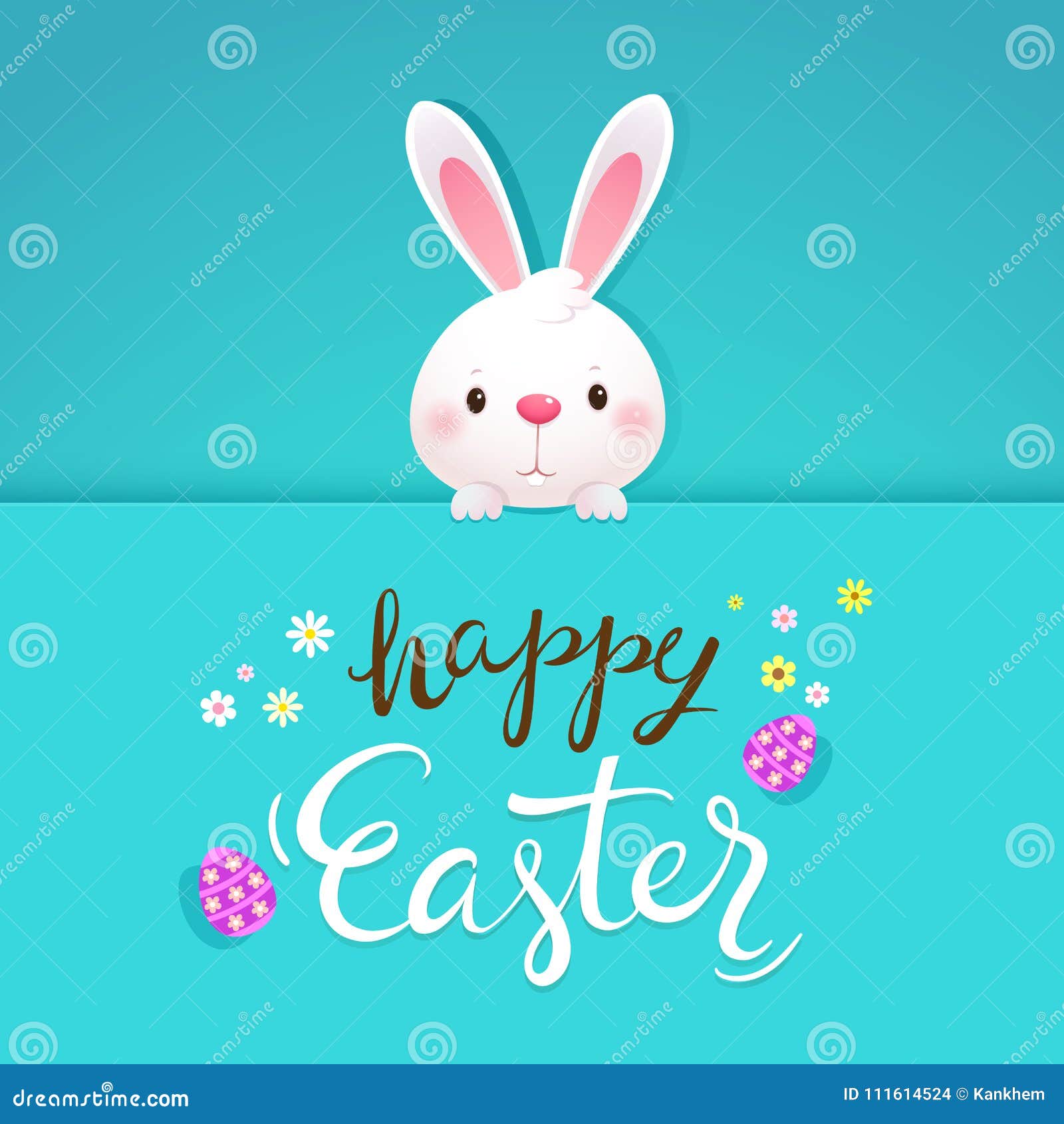 Happy Easter Greeting Card with White Rabbit and Eggs. Easter Bu Stock ...