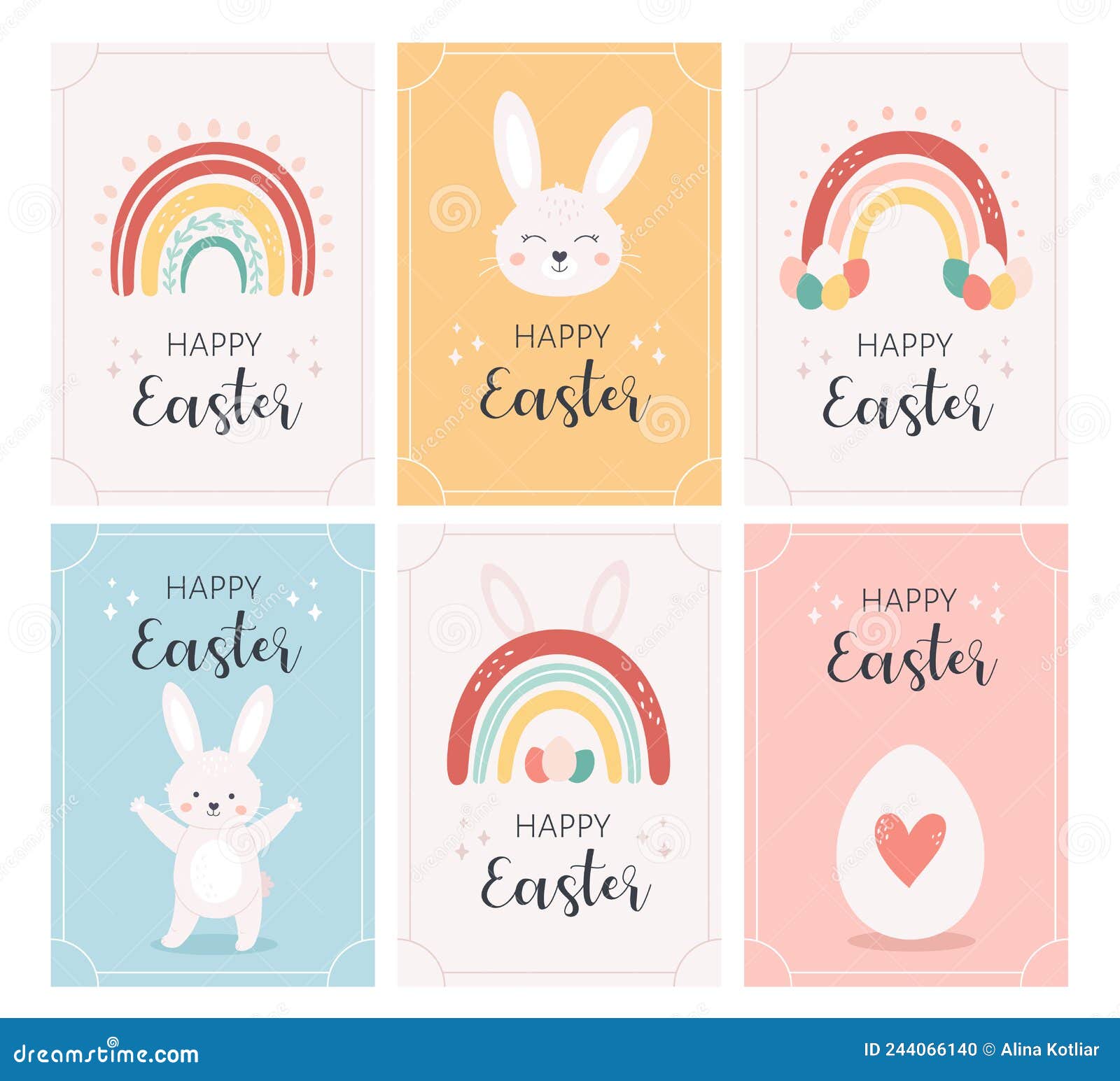 Happy Easter Greeting Cards with Easter Bunny, Painted Eggs and ...