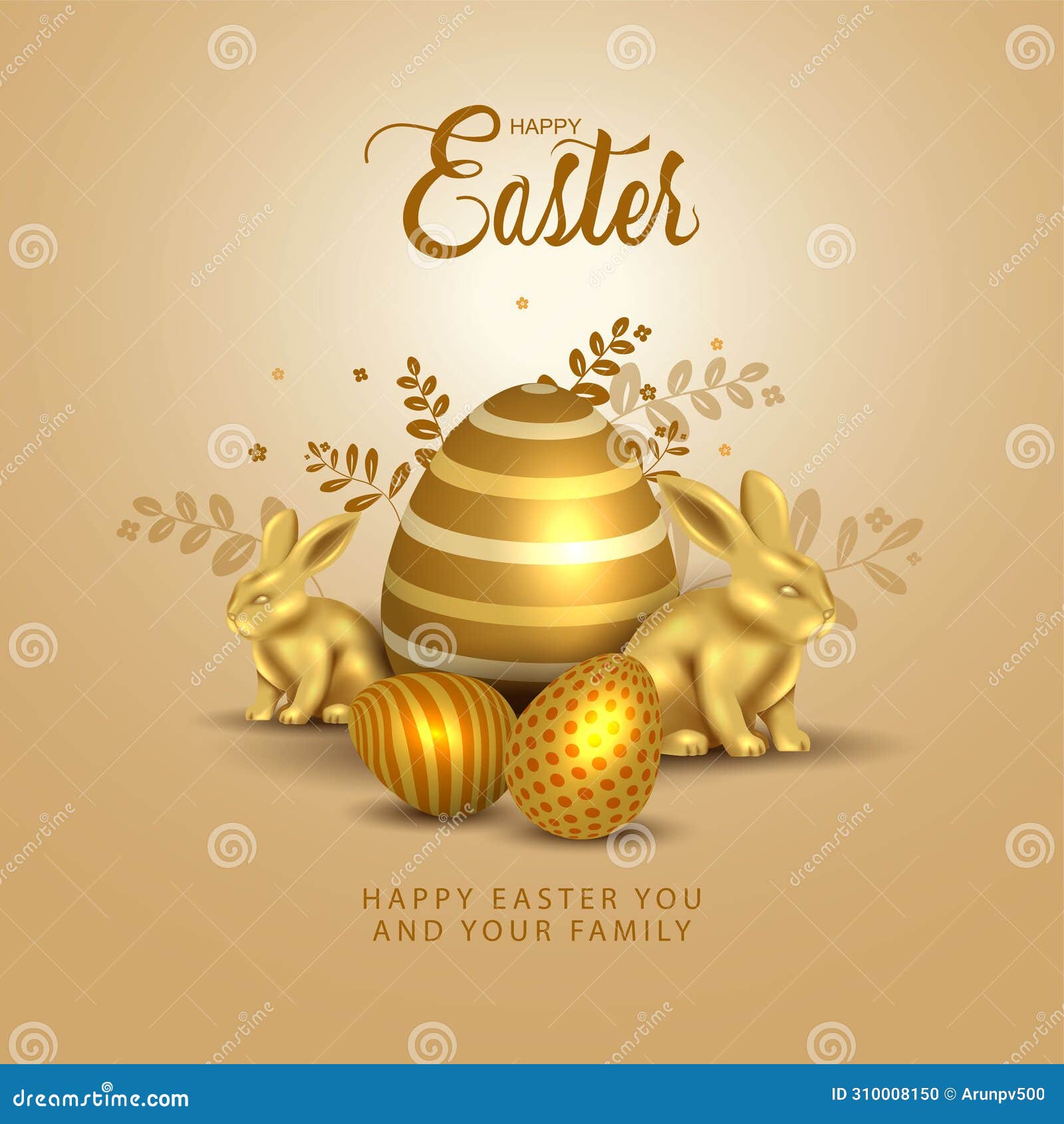 Happy Easter Greetings 3d Golden Rabbit and Eggs. Vector Illustration ...