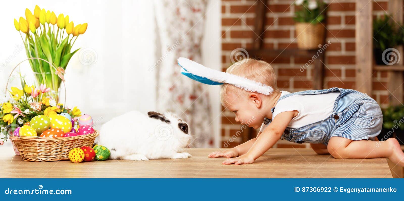 Happy Easter! Happy Funny Baby Boy Playing with Bunny Stock Photo ...