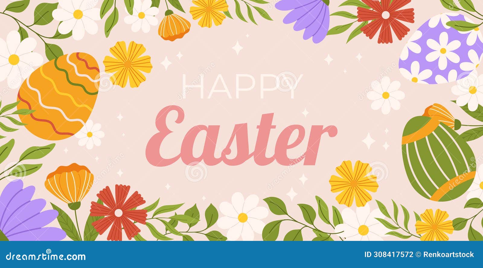 Happy Easter Horizontal Background Template. Design with Painted Eggs ...