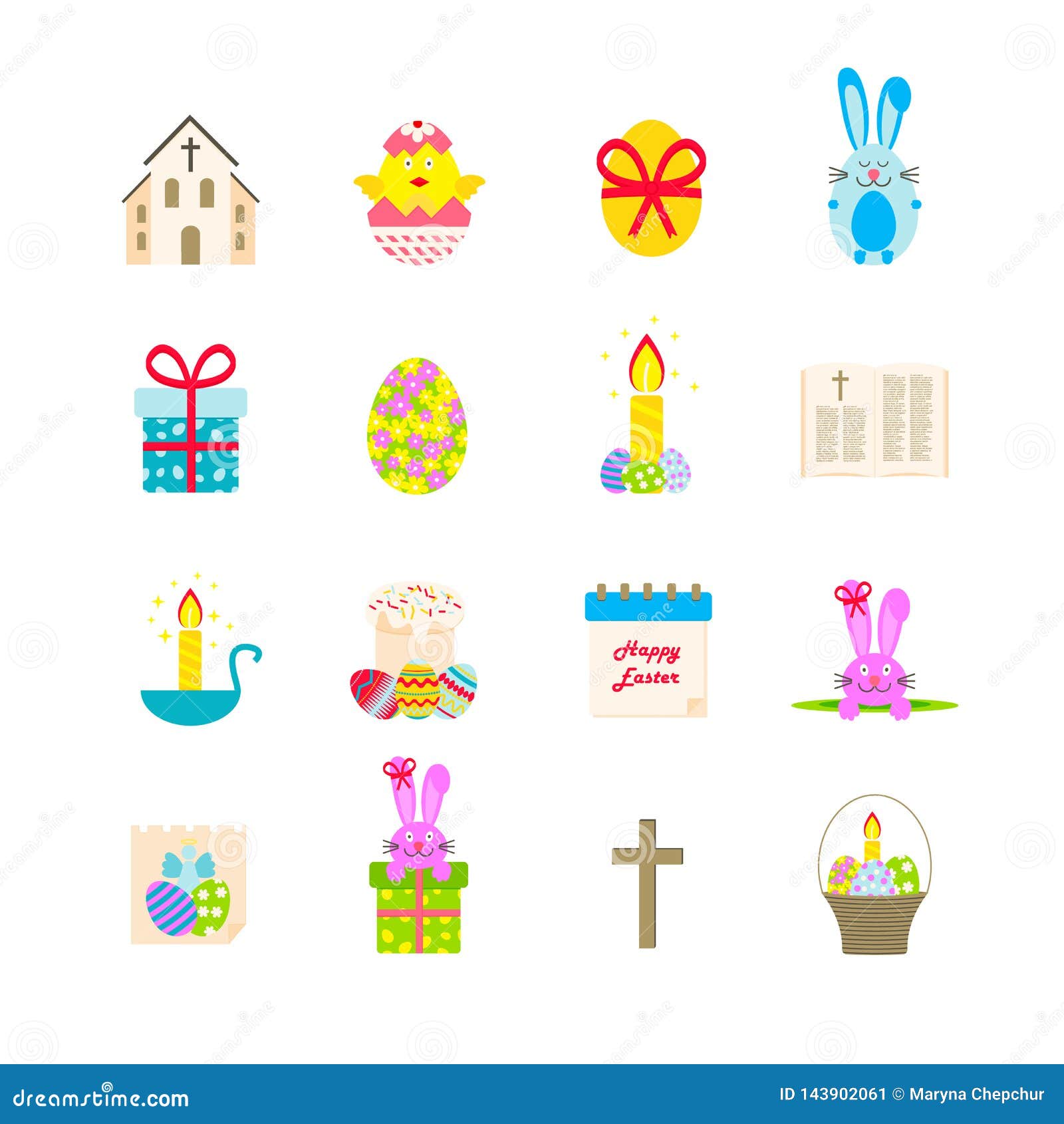 Happy Easter Icon Set. Vector Set with Chicken, Bunny, Eggs, Presents ...
