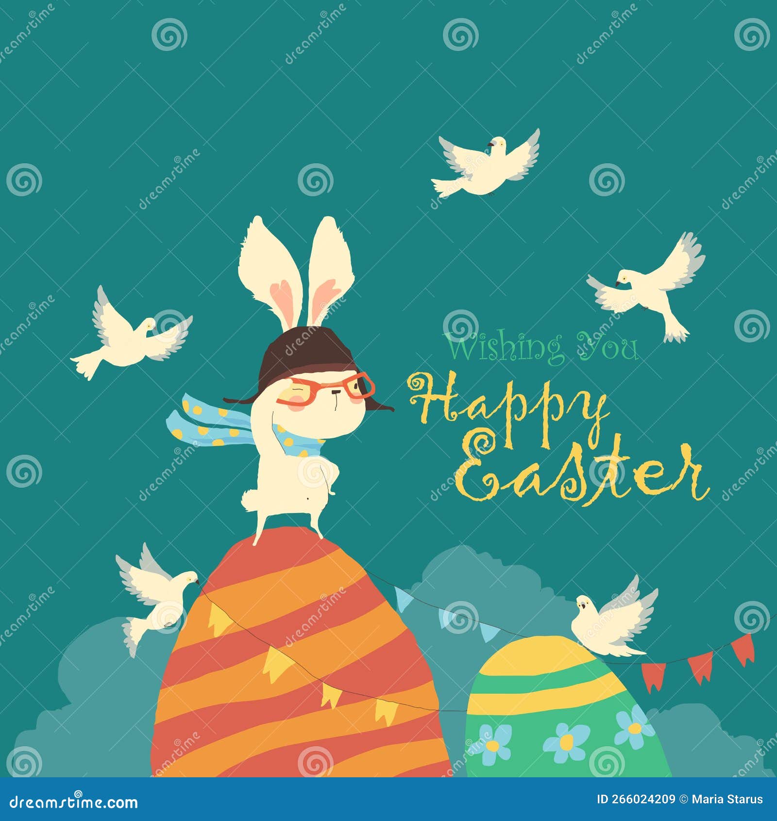 Happy Easter Illustration with Cute White Bunnies, Easter Eggs and ...