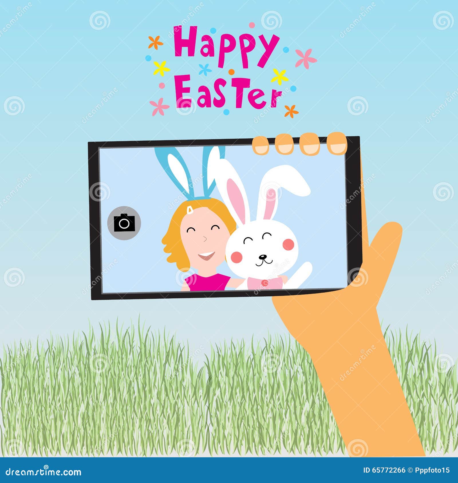 Happy Easter Kids Selfie with Rabbit on Smart Phone Stock Vector ...